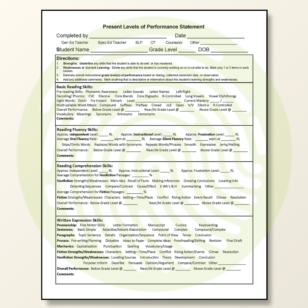 PLAAFP Statement or PLOP Form for Developing Special Needs IEPs | Printable