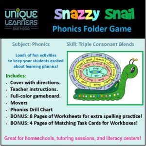 Snazzy Snail – Three Letter Blends Game and Worksheets