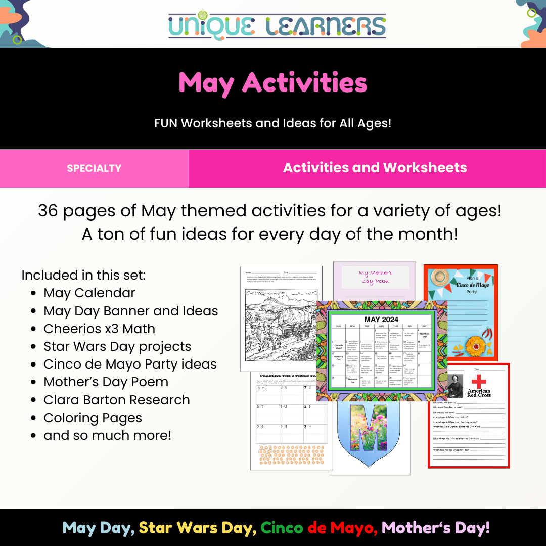 May Activities Calendar Packet - Unique Learners
